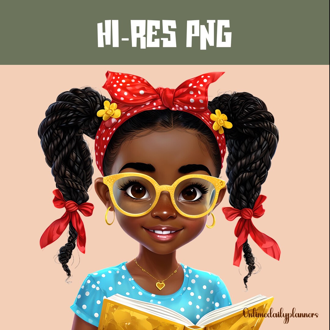 Black Girl Book Lover Clipart PNG: Back to School Design (digital ...