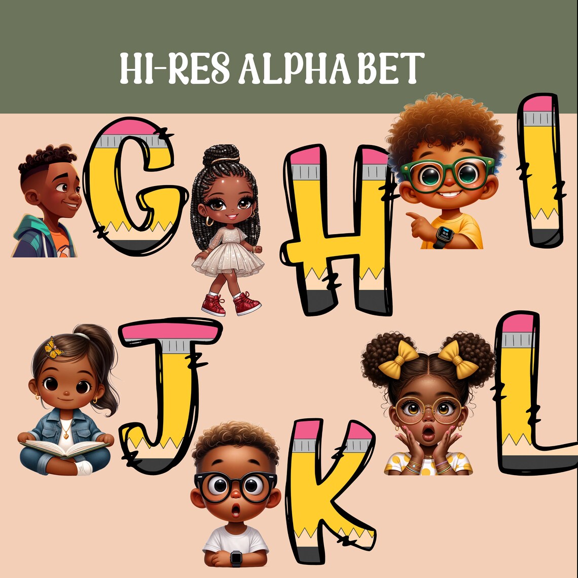 African American Kids Alphabet Doodle: Classroom Flash Cards (PNG) - Etsy