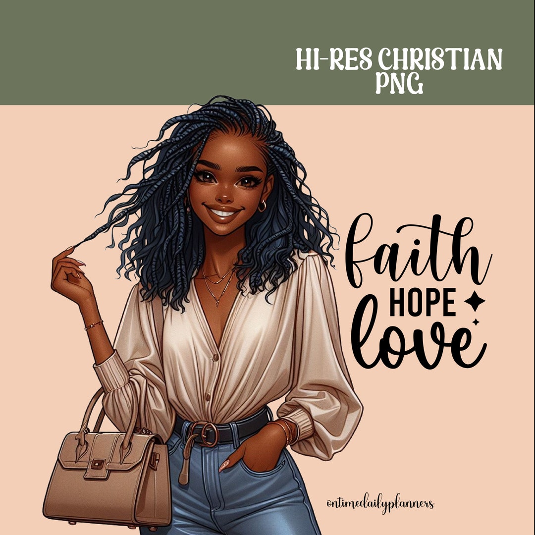 Christian Black Girl Clipart Design, Digital Faith Planner Wall Art PNG, African American ...