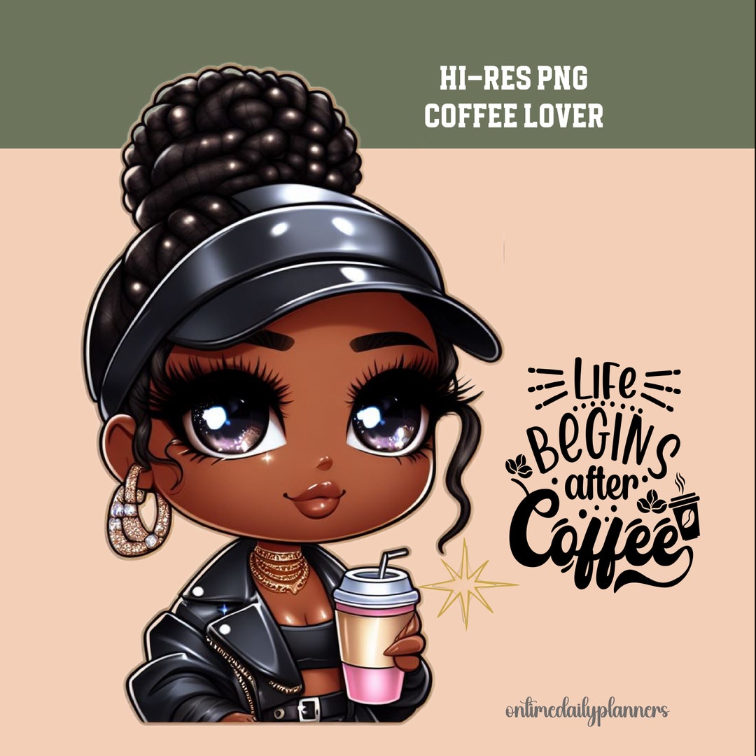 Chibi Black Woman Coffee Lover PNG: Sublimation Design (digital ...