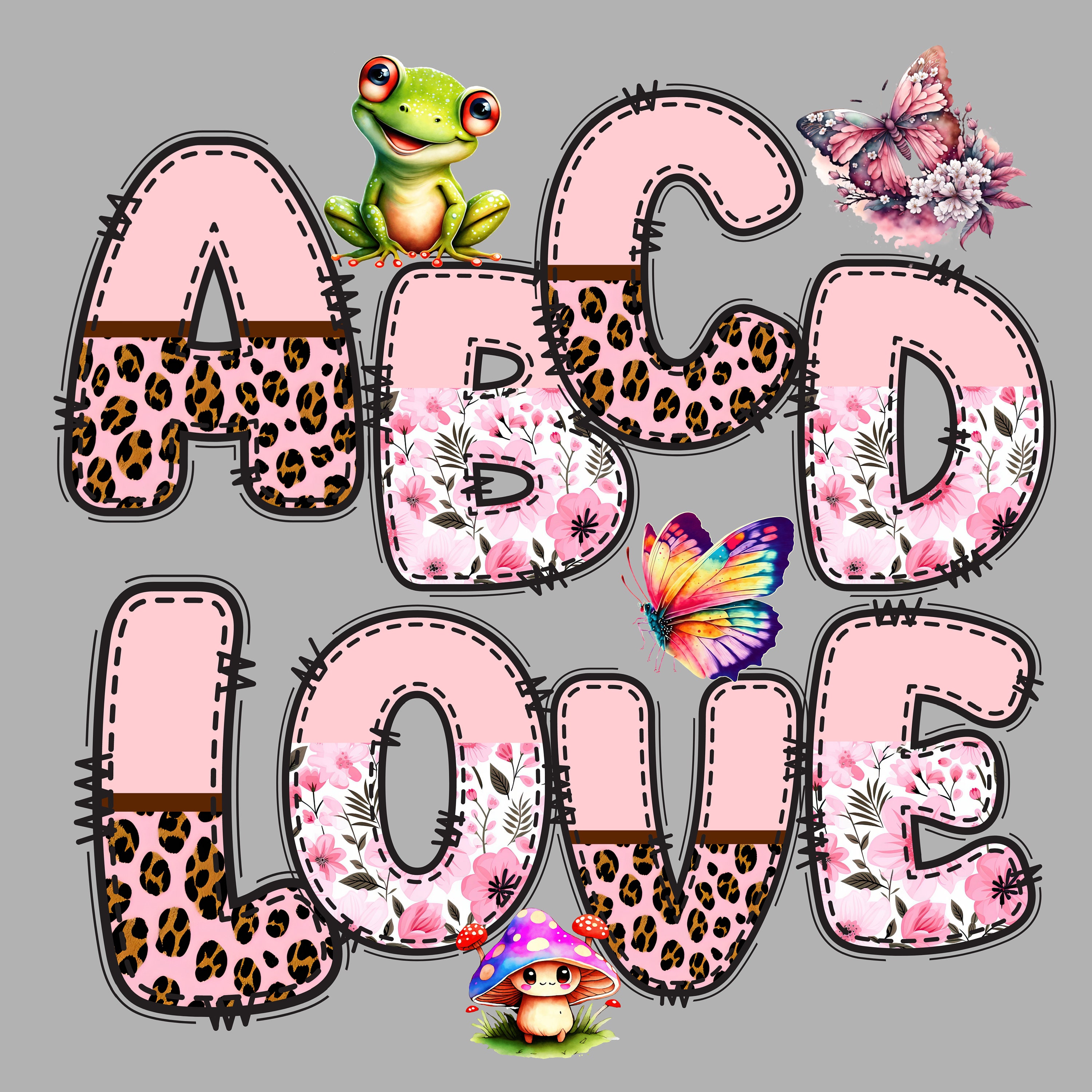 Floral Doodle Alphabet Clipart Leopard Print Pink and Brown Valentine ...
