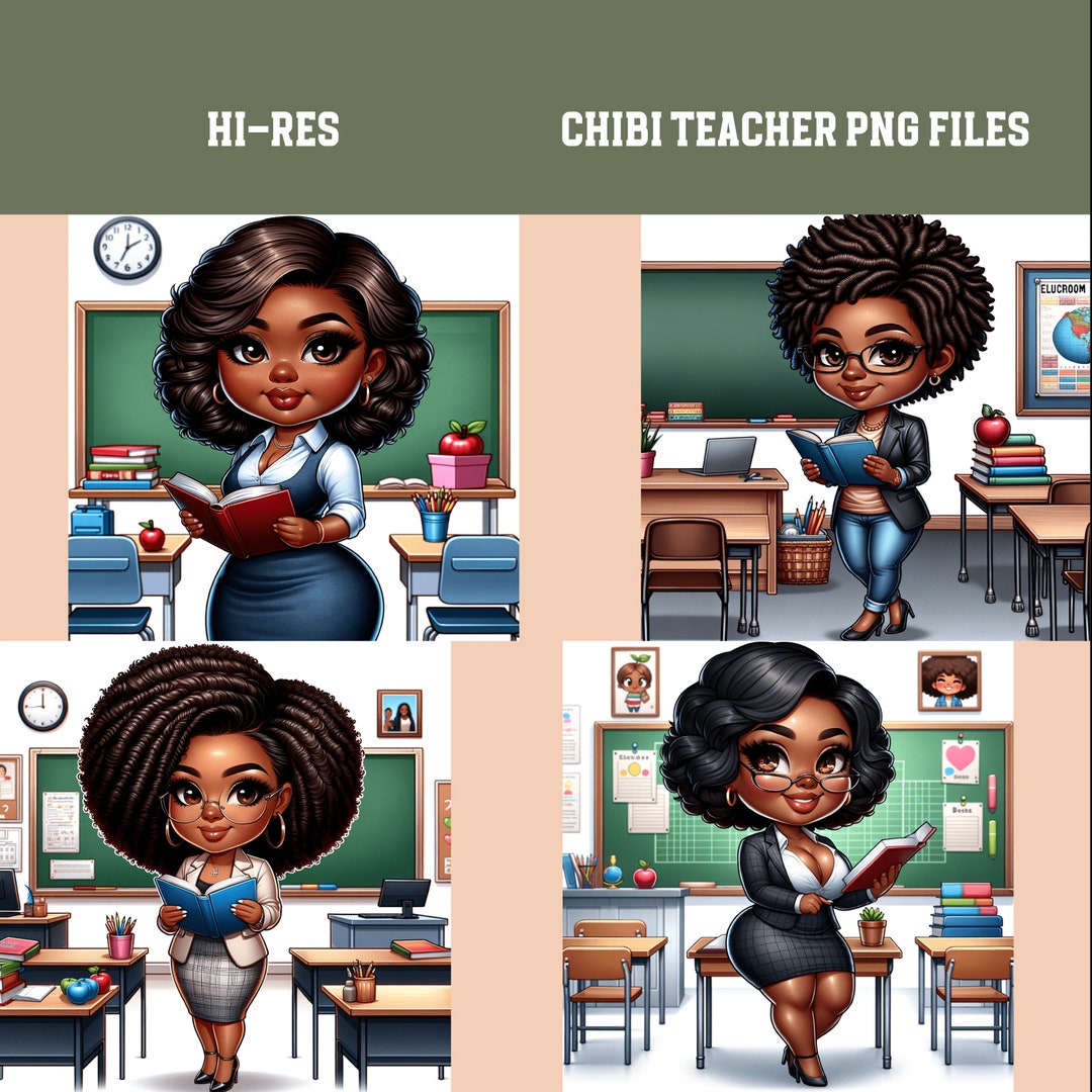 Teacher Chibi Clipart PNG Bundle, School Clipart African American ...