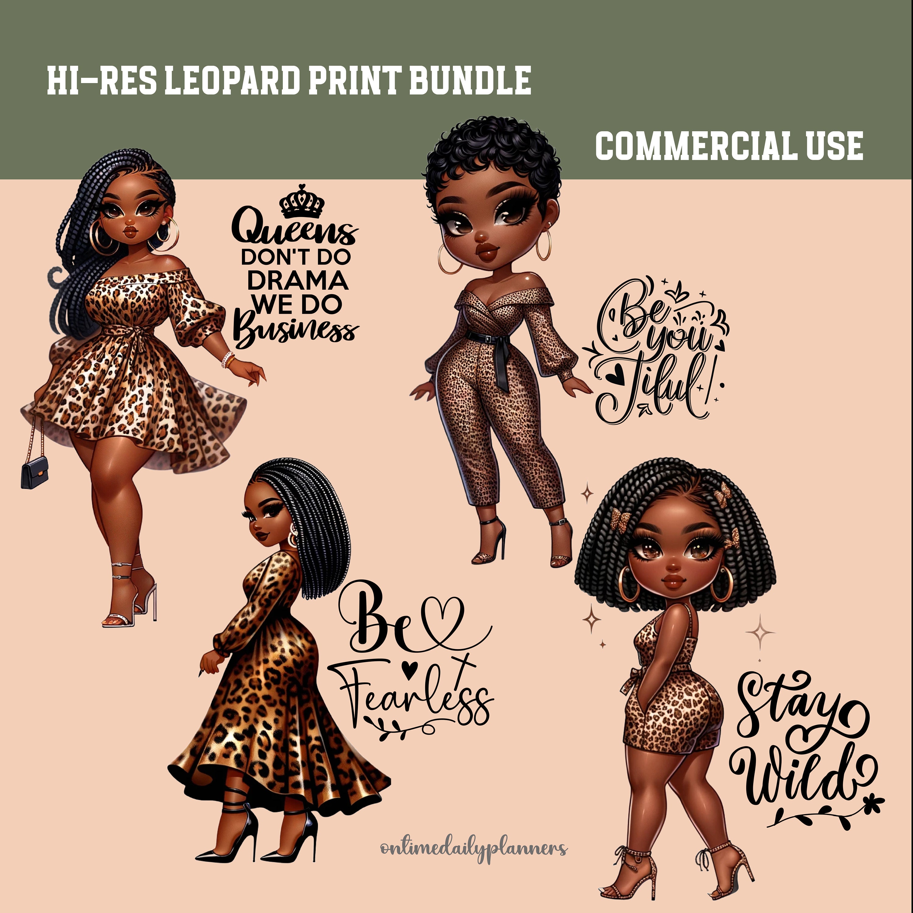 Leopard Print Chibi African American Clipart Bundle (PNG) - Etsy