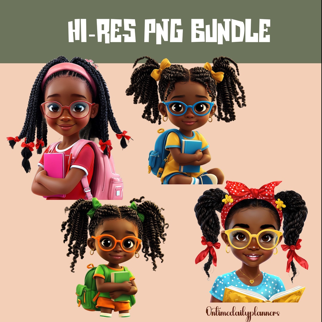 African American Girls Clipart Bundle: Back to School PNG Illustrations ...
