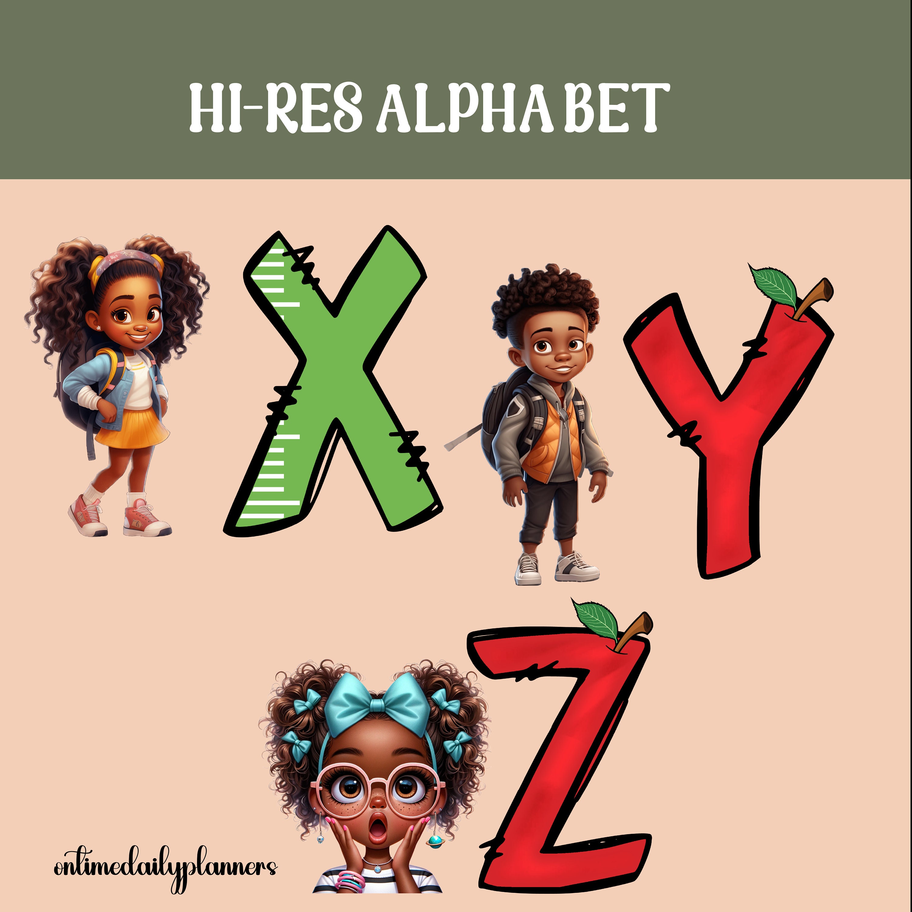 African American Kids Alphabet Doodle: Classroom Flash Cards (PNG) - Etsy