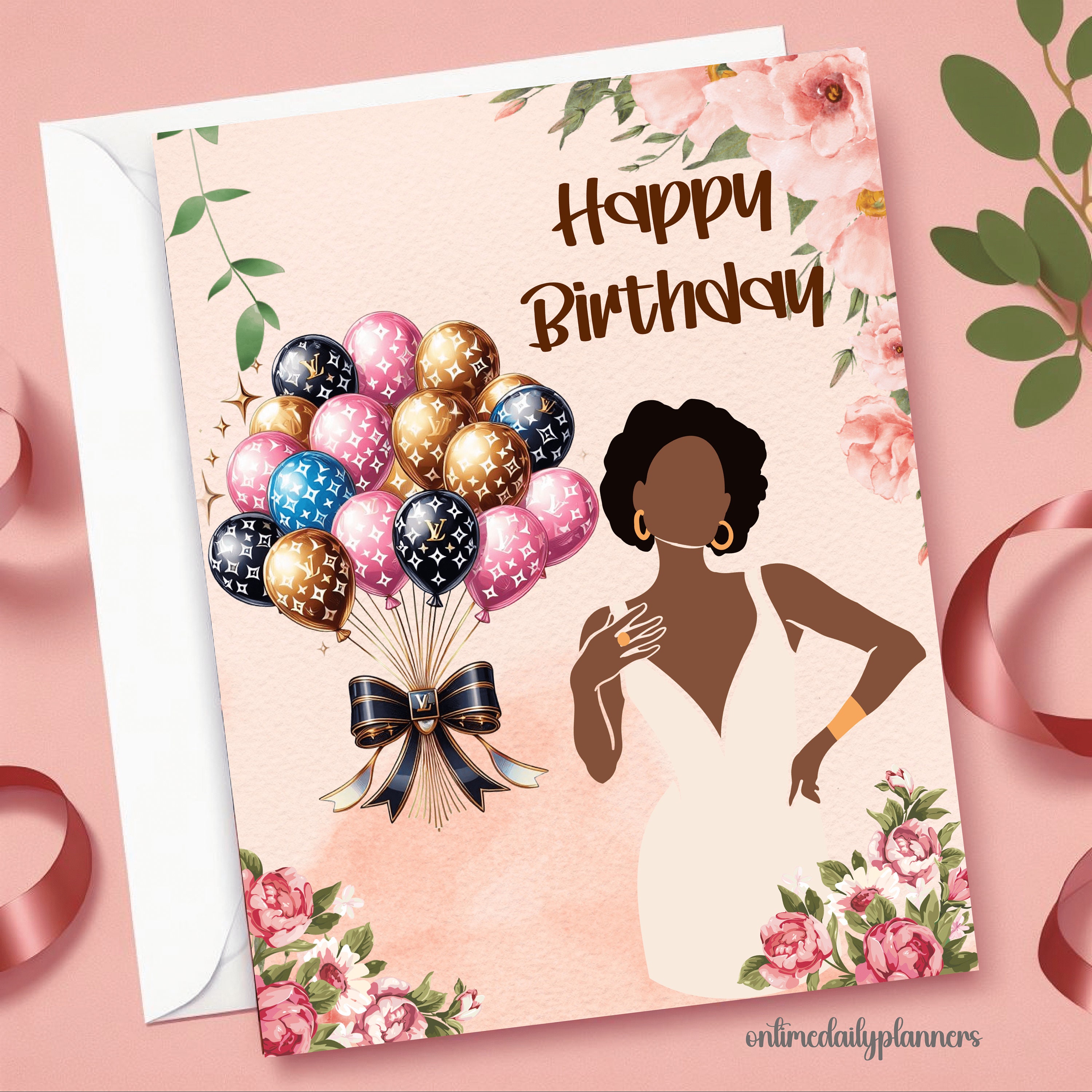 Printable Birthday Card With Balloons, African American Woman Birthday ...