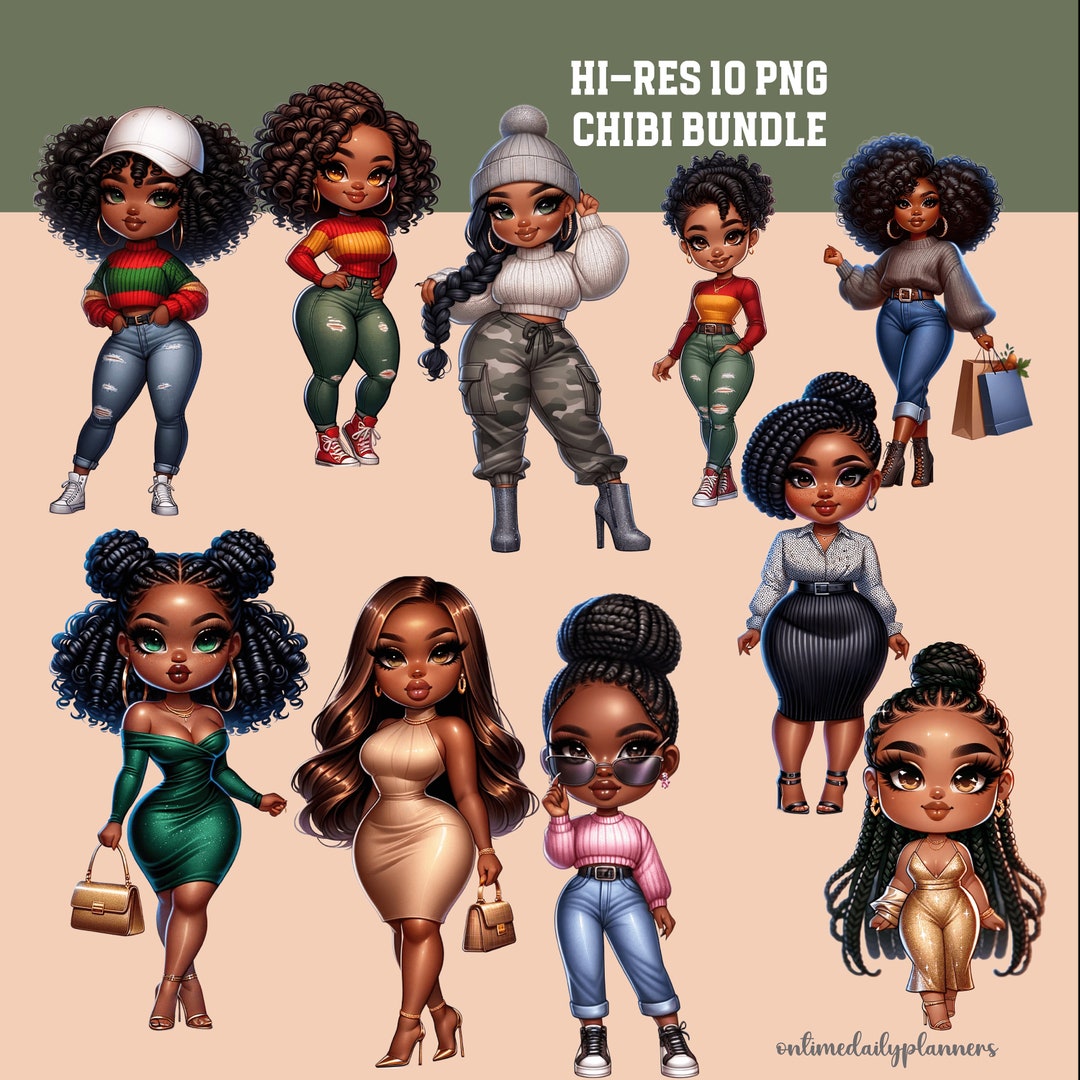 African American Chibi Clipart Black Girl Transparent PNG Bundle Trendy ...