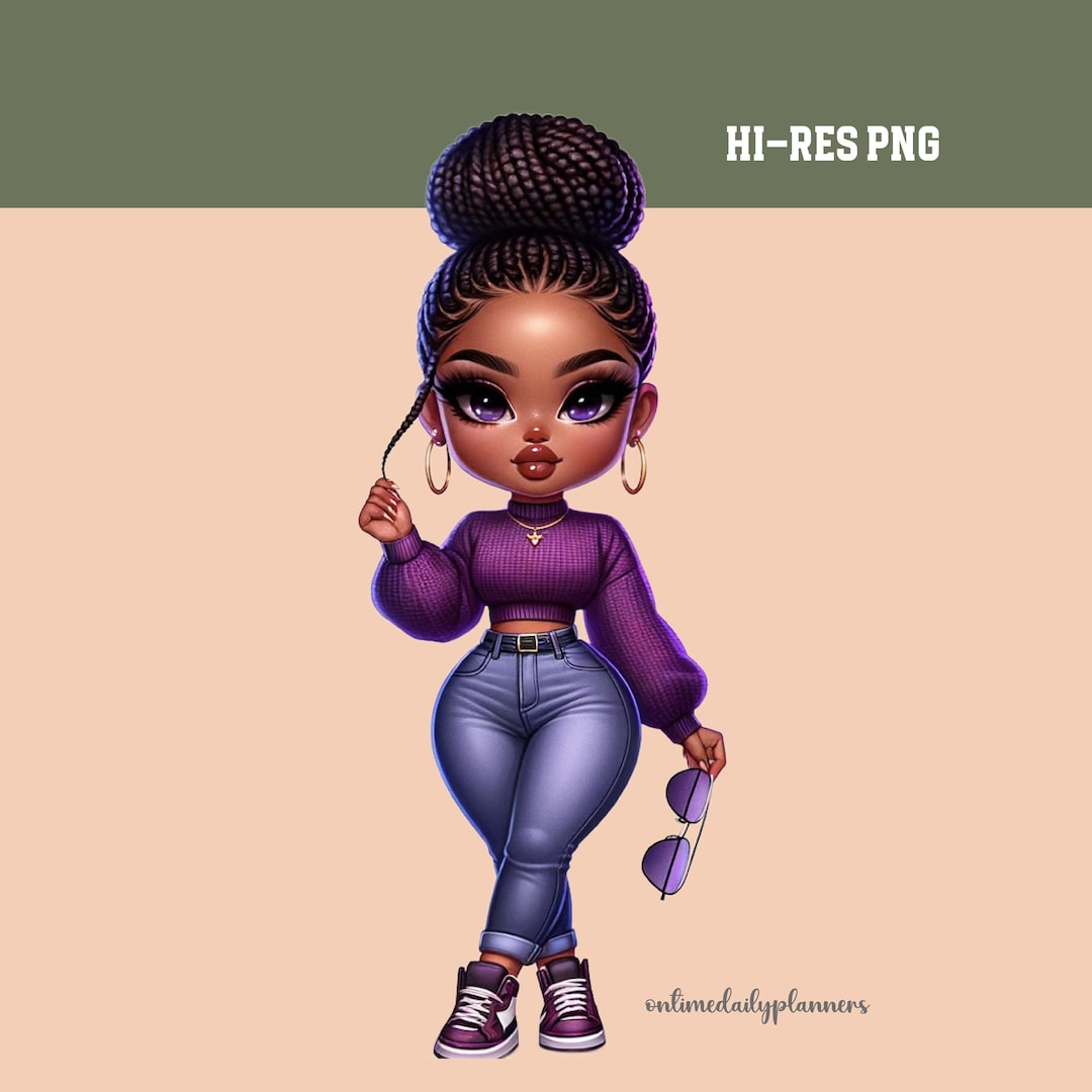Chibi African American Woman PNG: Curvy Girl Illustration (digital ...