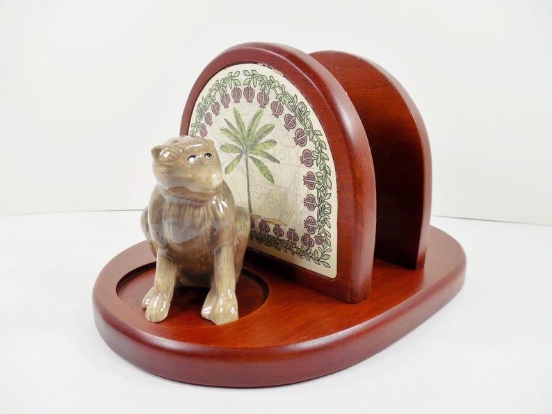 Wood Napkin Holder Ceramic Monkey Figurine Salt & Pepper Shakers Set ...