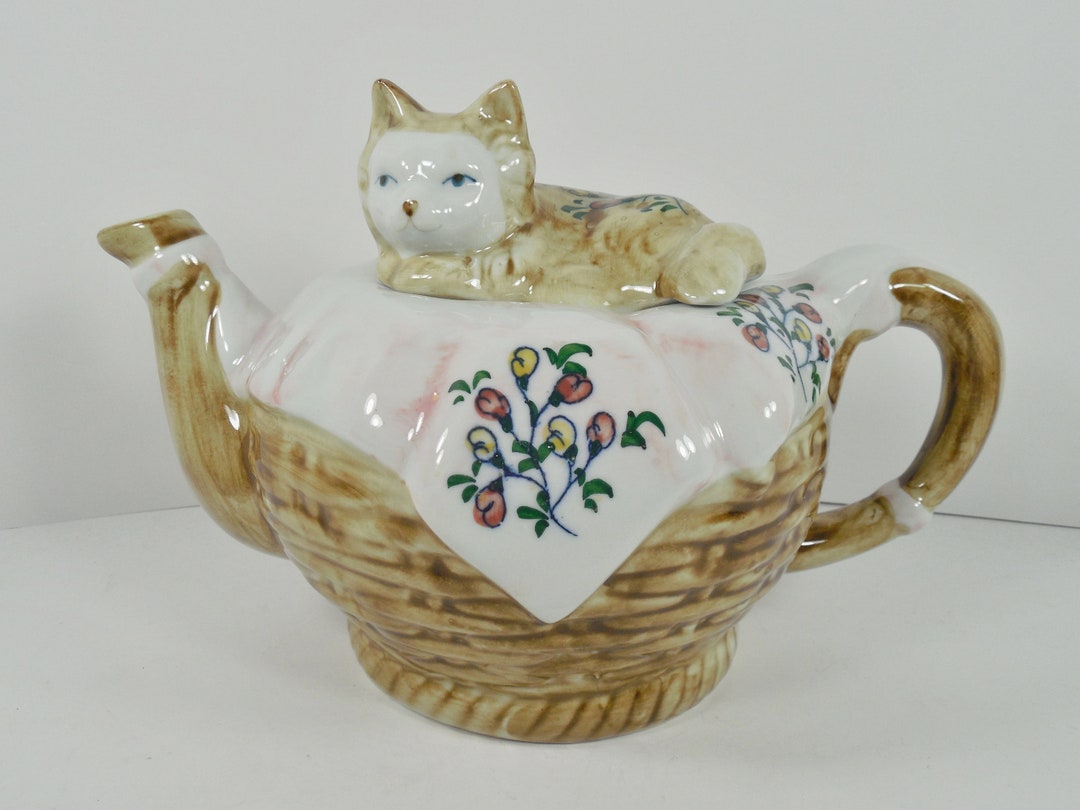 Ceramic Cat Kitty Kitten Teapot Kettle Tea Pot Basket Design Base ...