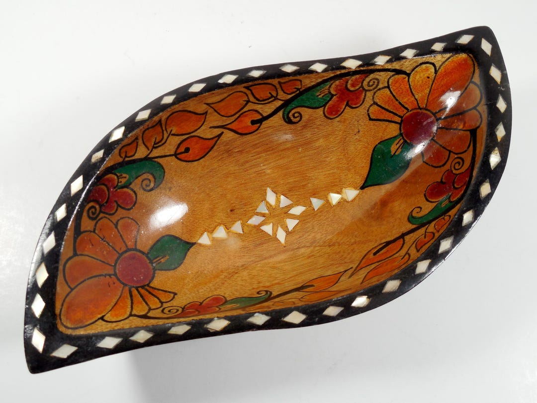 Abalone Mother of Pearl MOP Inlay Hand Carved Mahagony Wood Wooden Bowl ...