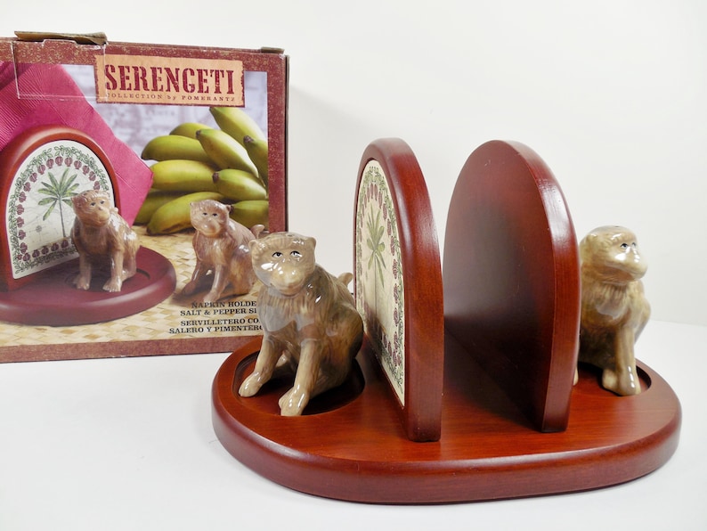 Wood Napkin Holder Ceramic Monkey Figurine Salt & Pepper Shakers Set ...