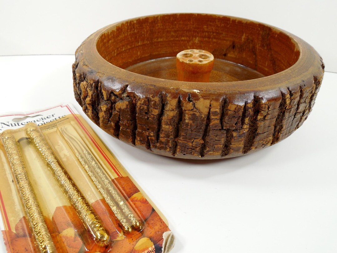 Natural Wood Wooden Tree Log and Tree Bark Nut Bowl Hand Carved Crafted ...