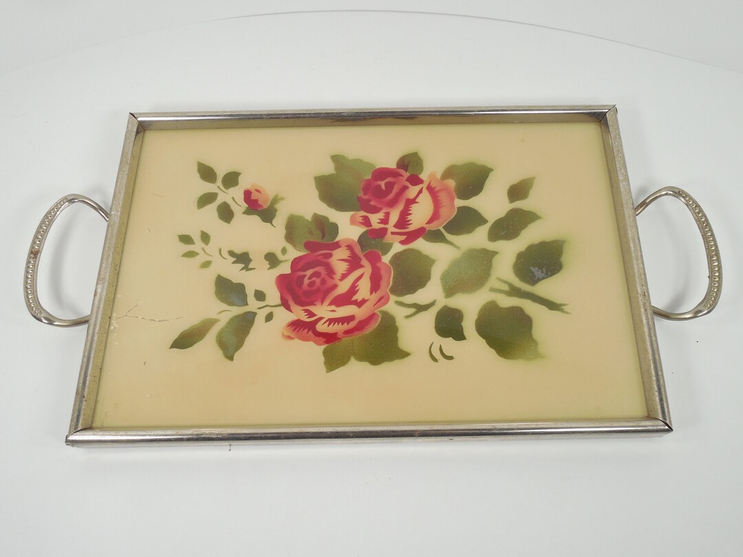 Art Deco Roses Vanity Tray Serving Tray Silver Metal Frame Handles ...