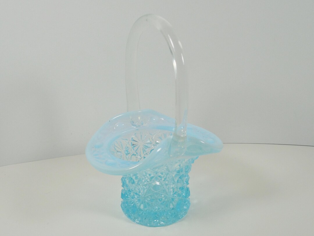 Fenton Aqua Blue Opalescent Daisy and Button Glass Handle Basket Blue ...