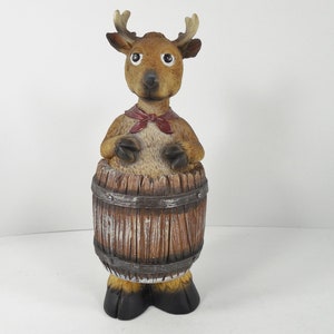 Black Bear in Wood Barrel and Deer Buck Elk in Wooden Barrel Bobble ...