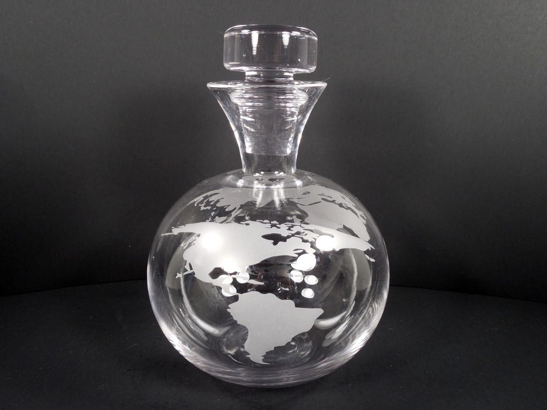 Etched Glass World Globe Map Decanter Carafe Clear Glass Etched World ...
