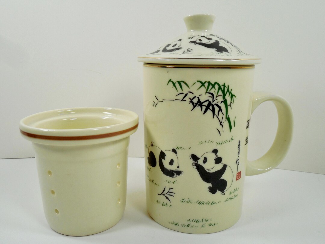 Chinese Panda Bear Couple Bamboo Design Lidded Teacup Tea Infuser and ...