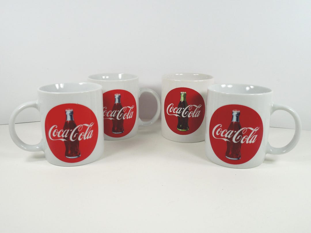 Coca Cola Coke Mugs Coffee Cups 1990's Set of 4 Four White Ceramic Red ...