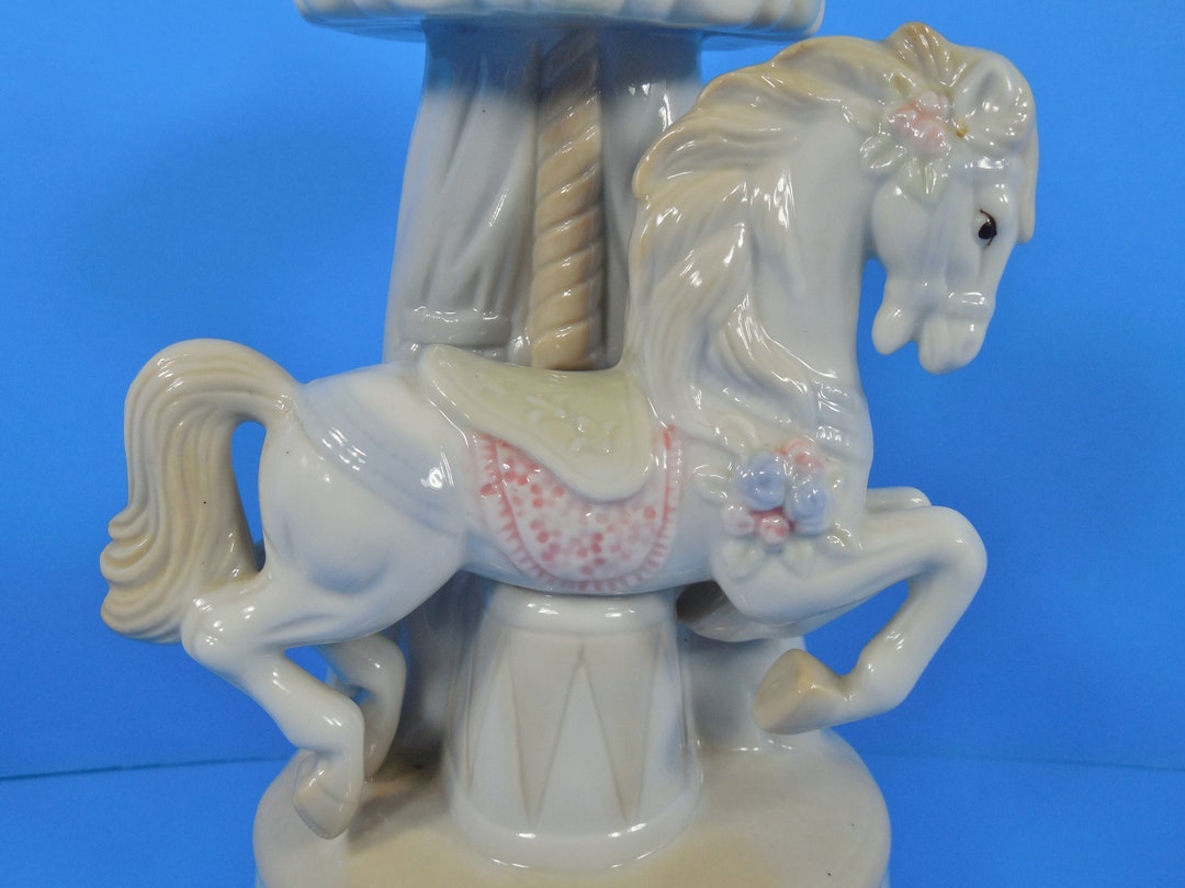 1990 Carousel Horse Porcelain Figurine Rotating Motion Music Box Plays Song the Impossible Dream ...