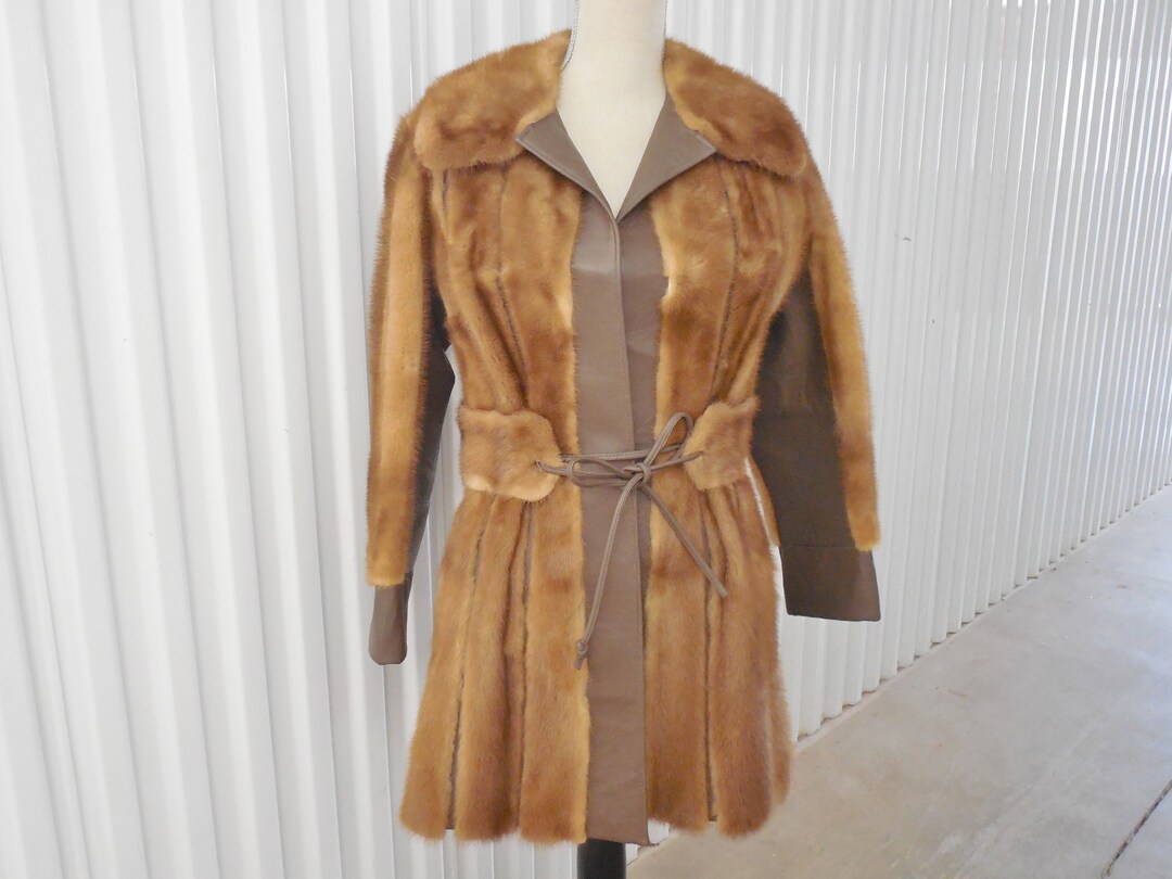1960's Brown Mink Fur Brown Leather Inserts Coat Jacket Cape Labelle ...