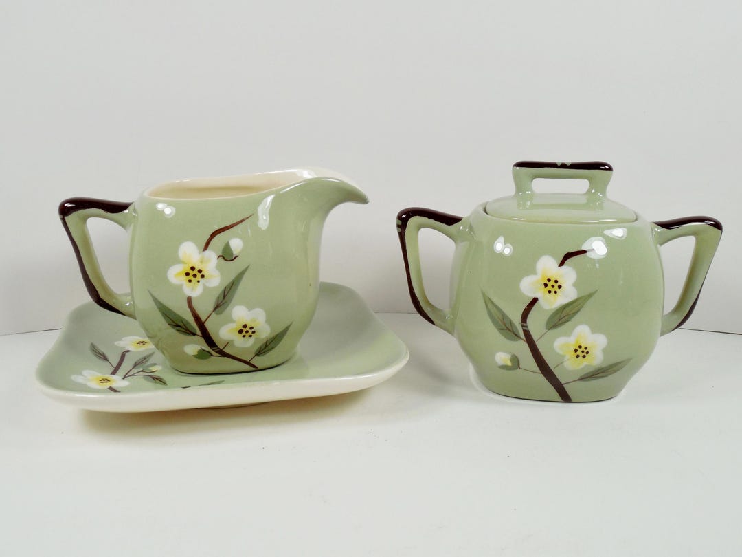 Celadon Blossom Weil Ware California Pottery Lidded Sugar Bowl Creamer ...