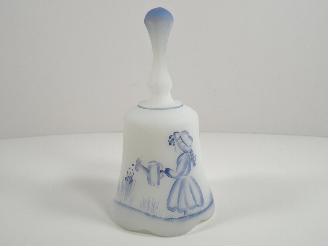 Fenton Mary Gregory Bell White Satin Custard Glass Milk Glass Hand ...