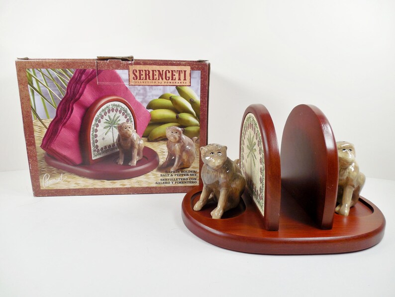 Wood Napkin Holder Ceramic Monkey Figurine Salt & Pepper Shakers Set ...