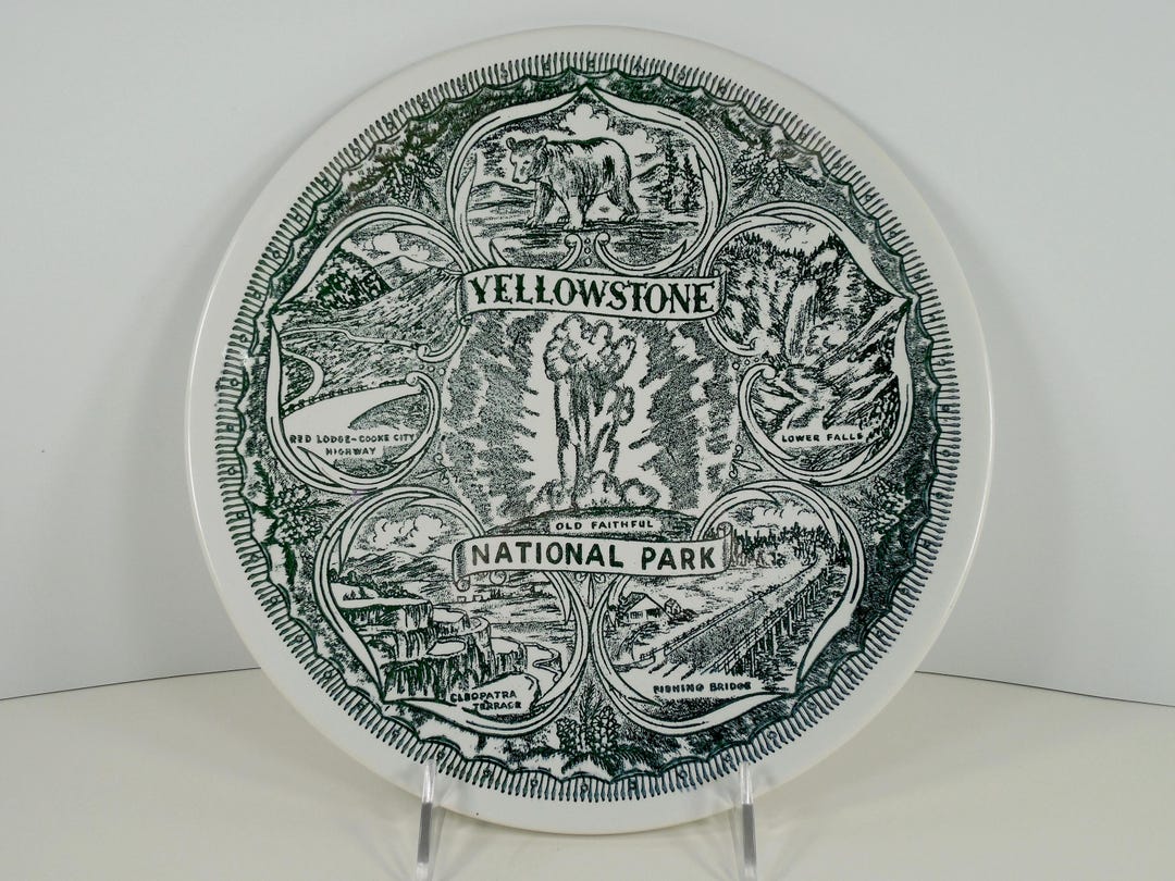 Green White Yellowstone National Park Souvenir Plate Old Faithful Lower ...