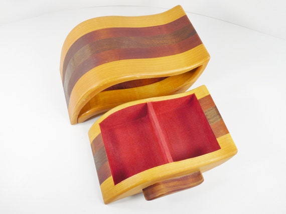 Wood Wooden Wave Curved Design Jewelry Box Hidden Dra… - Gem