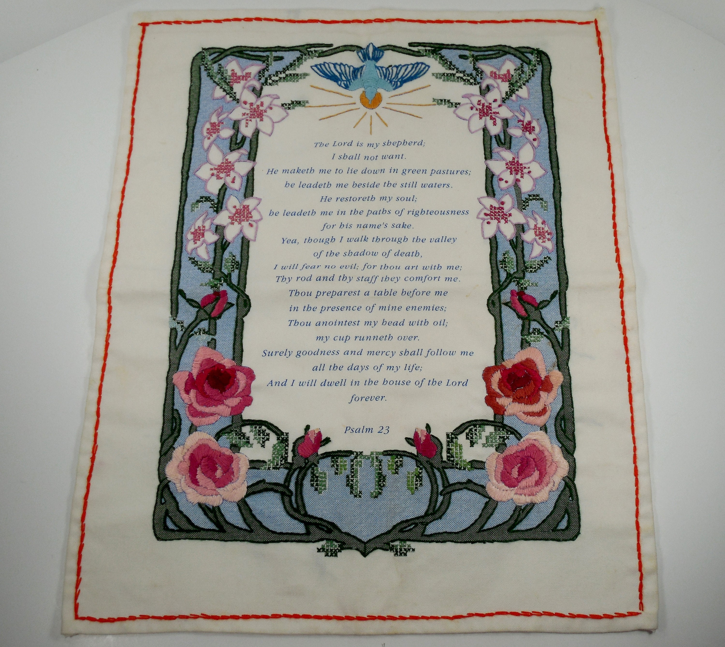 Hand Embroidered the Lord is My Shepard Psalm 23 Embroidery Dove ...