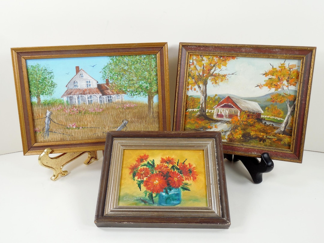 Wood Framed Miniature Oil Paintings Artist Signed Edna Halen Set of 3 ...