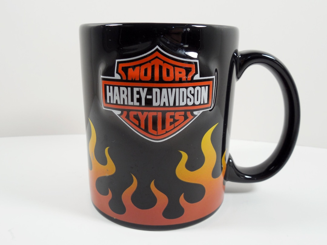 Harley Davidson Motorcycles Coffee Mug Ceramic Black Enamel Orange ...