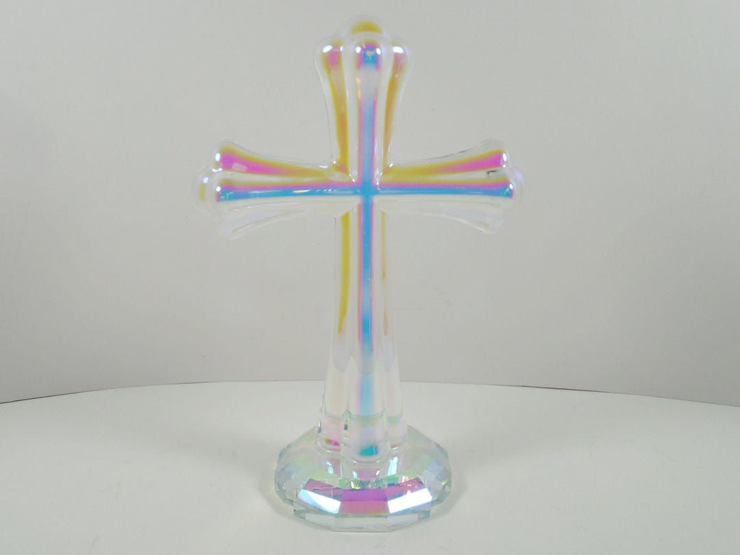 Iridescent Art Glass Standing Cross Crucifix Figurine Pink Blue Yellow ...