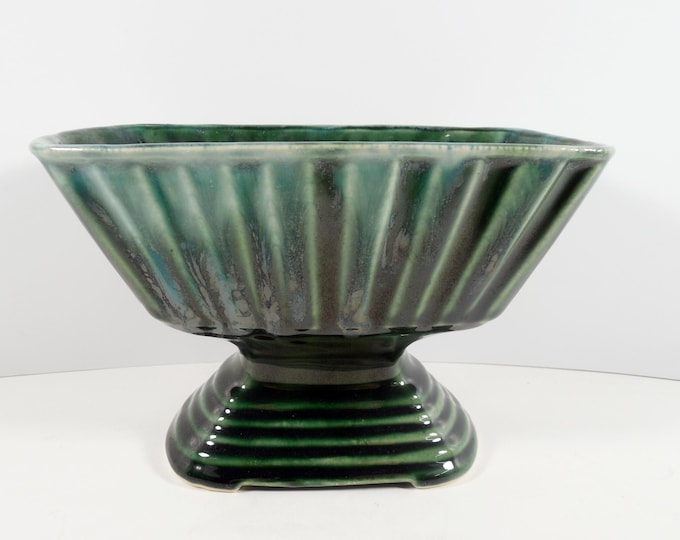 Emerald Green Drip Pottery Rectangular Concave Ribbed Pedestal Planter ...