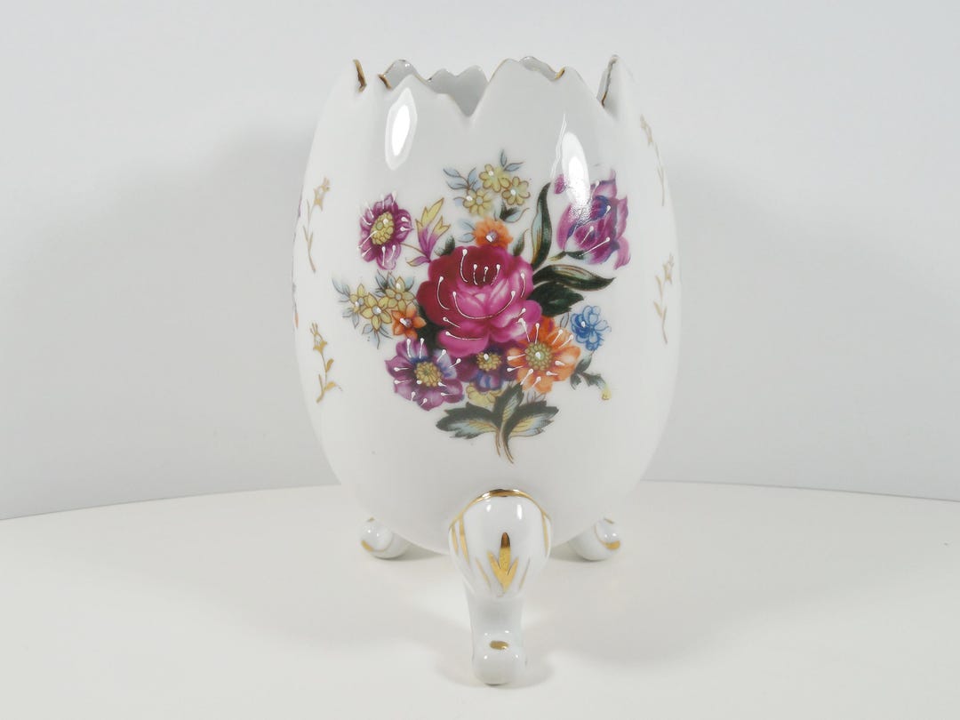 Napco Porcelain Egg Shape Floral Flower Design Three 3 Footed Vase ...