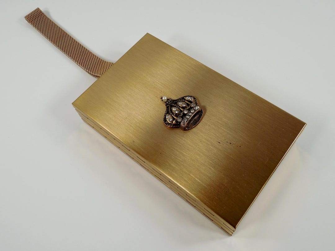Art Deco Brushed Gold Metal Crystal Crown Design Minaudiere Clutch ...