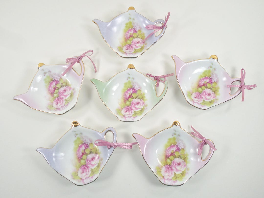 Victoria's Garden Porcelain Teapot Kettle Shape Tea Bag Holder Plate ...