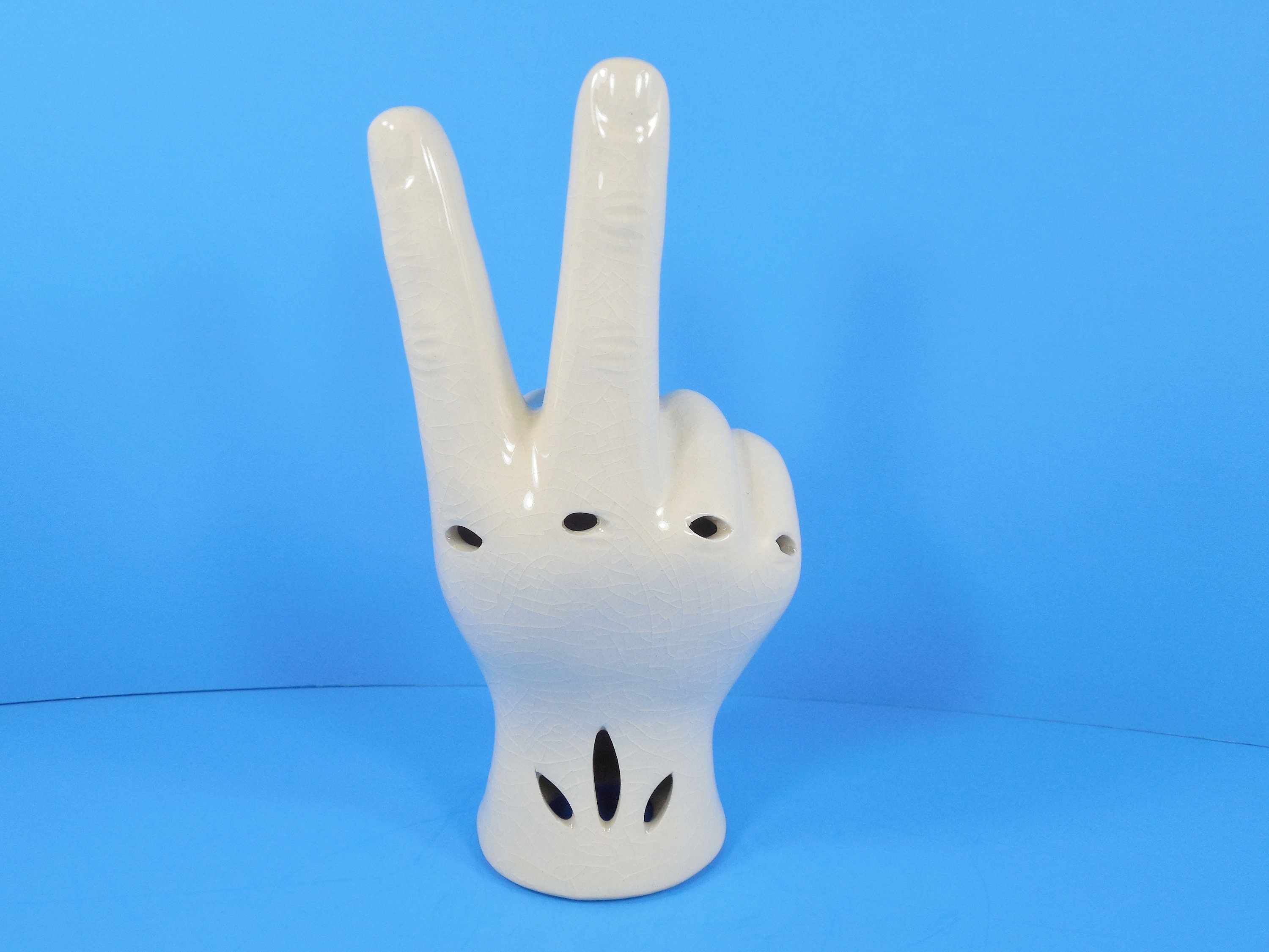 Peace Sign Victory Sign Hand Figurine Ceramic White Crackle Crazed ...