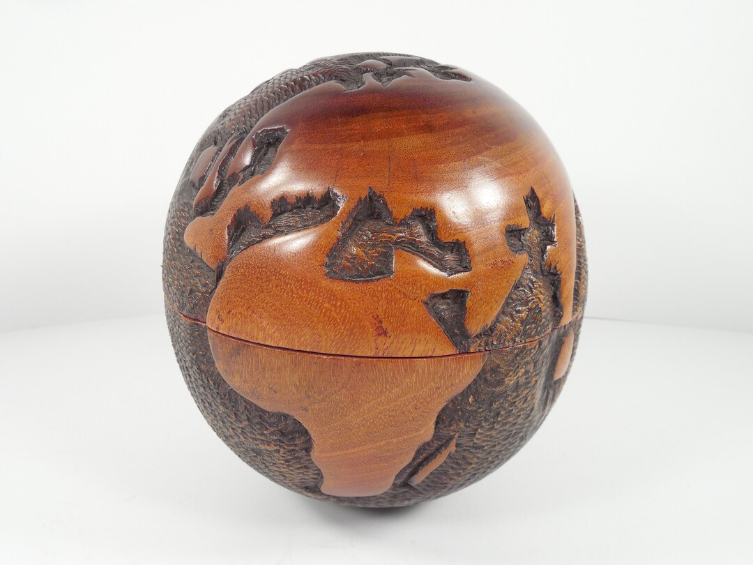 Carved Wood World Globe Sculpture Figurine Statue Trinket Jewelry Valet ...