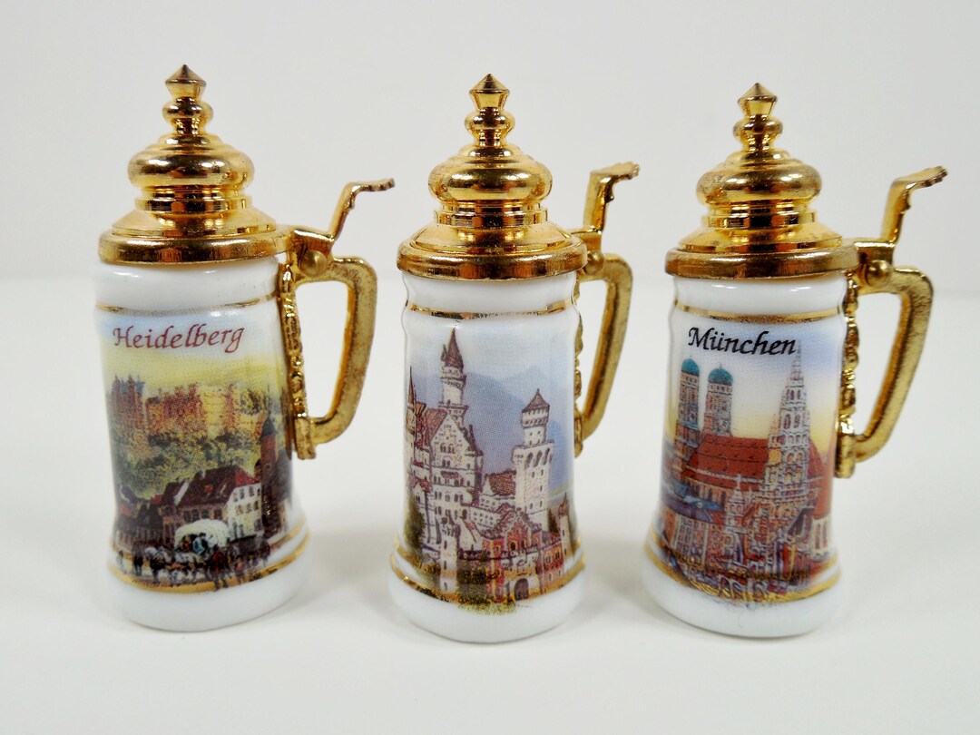 Reutter Germany Miniature Dollhouse Porcelain German Lidded Beer Stein Set of 3 Three Scenic ...