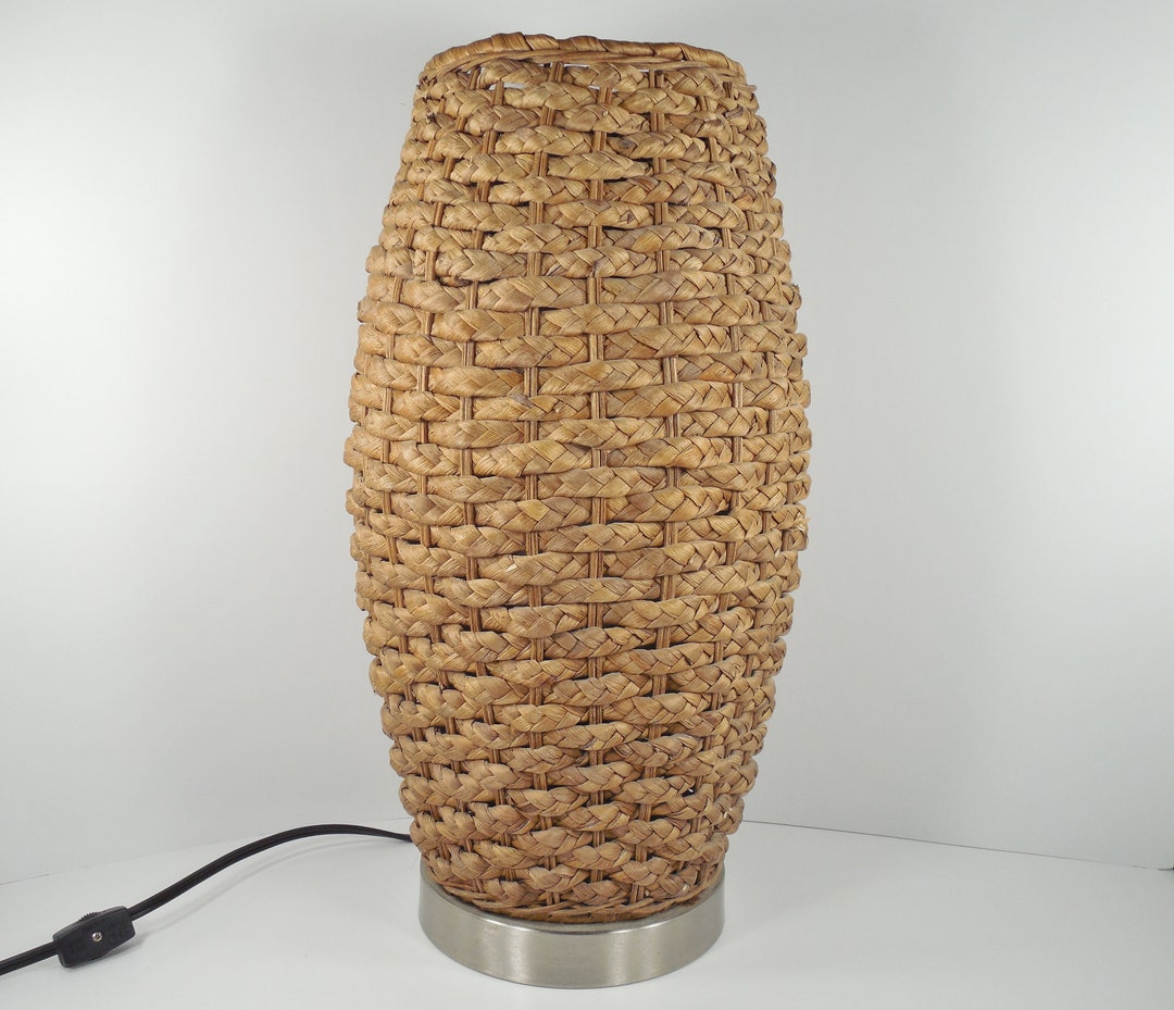 Mid Century MCM Woven Raffia Seagrass Straw Table Lamp Curved Cylinder ...