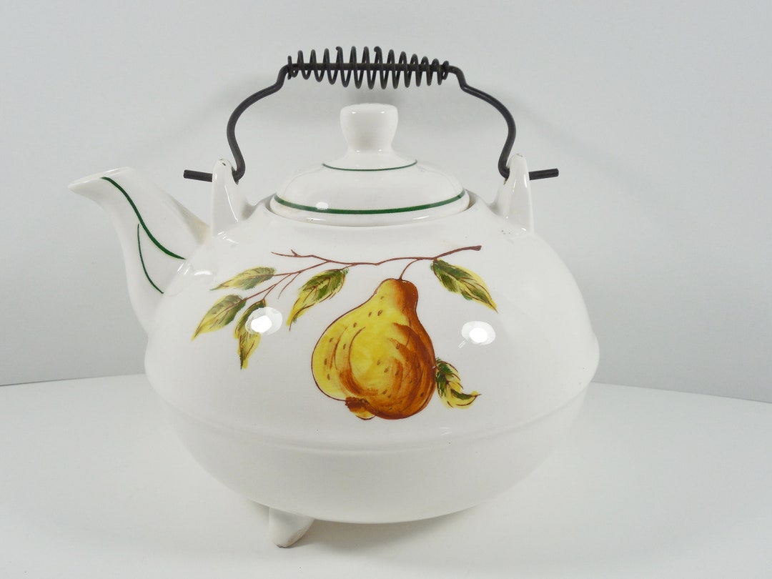 Footed Ceramic Painted Pear Design Black Metal Coin Handle Teapot ...
