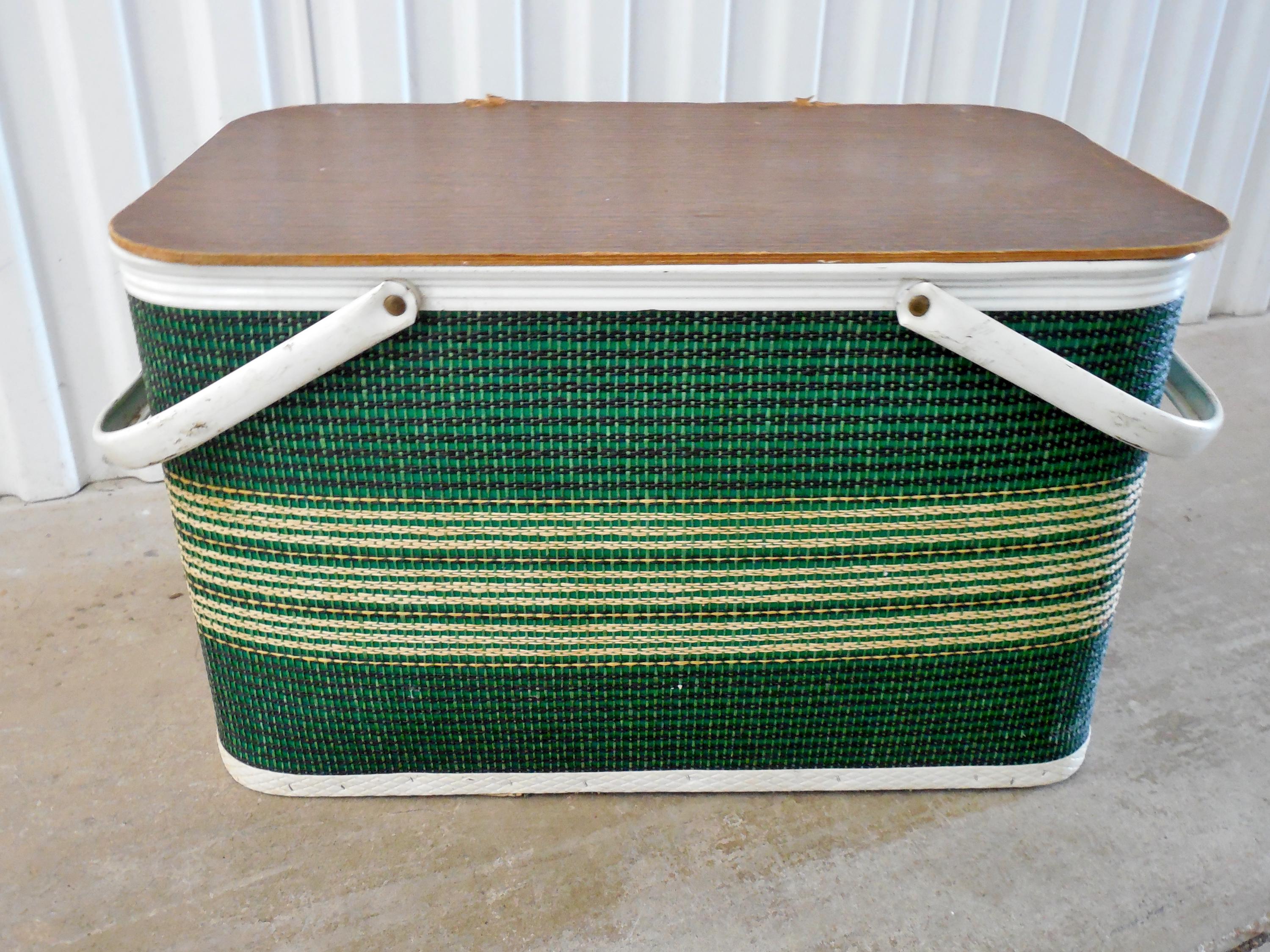 Mid Century Redmon Hawkeye Green White Yellow Woven Picnic Basket Beach ...