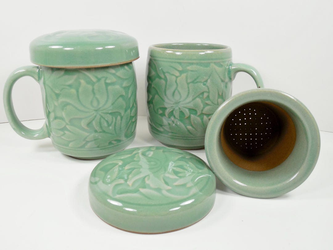 Korea Korean Celadon Lotus Teacup Tea Infuser and Cover Lid Handle Mug ...