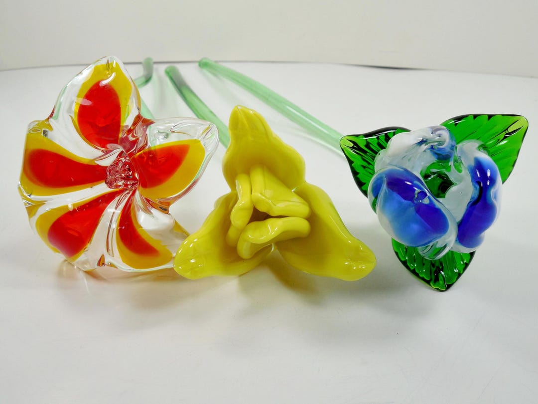 Art Glass Murano Style Flowers 12 Inch Long Stem Set of 3 Three Hand ...