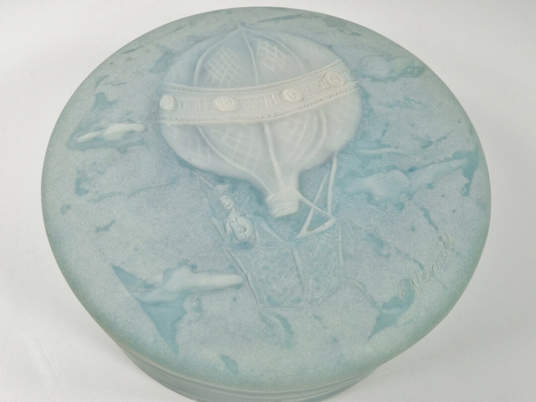 Blue and White Hot Air Balloon Incolay Stone Jewelry Trinket Box Round ...