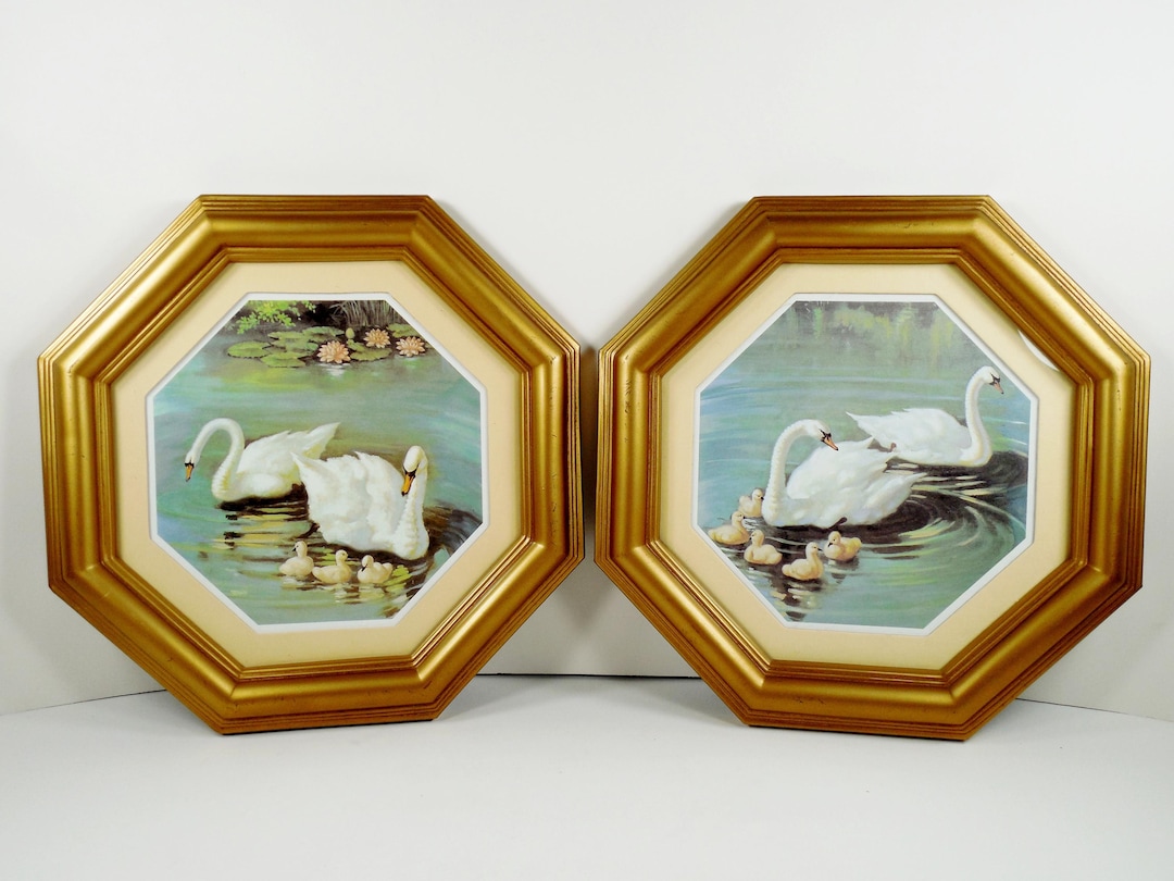Swan Couple Baby Swans Lily Pad Flowers Art Print Framed Wall Hanging ...