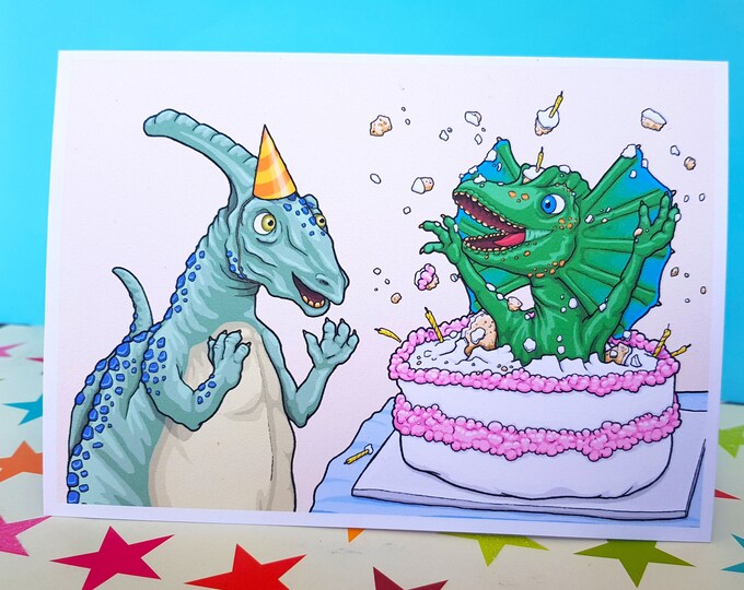Dinosaur Birthday Card Cartoon Dinosaur Handmade Greetings Card Funny ...
