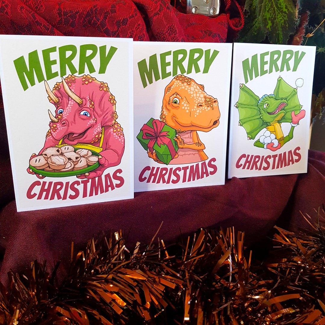 Dinosaur Christmas Cards - Christmas Card Set - Cartoon Dinosaur - T ...
